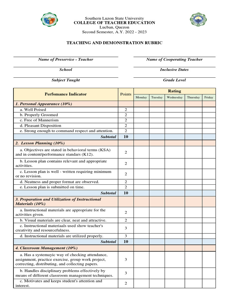 Teaching and Demonstration Rubric Guide | PDF | Lesson Plan | Classroom ...