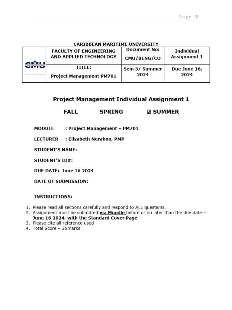 Project Management (701) Individual Assignment 1 - Summer 2024 | PDF ...