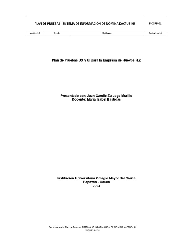 Anexo No. 5 Plan de Pruebas JUAN CAMILO ZULUAGA | PDF | Software | Autenticación