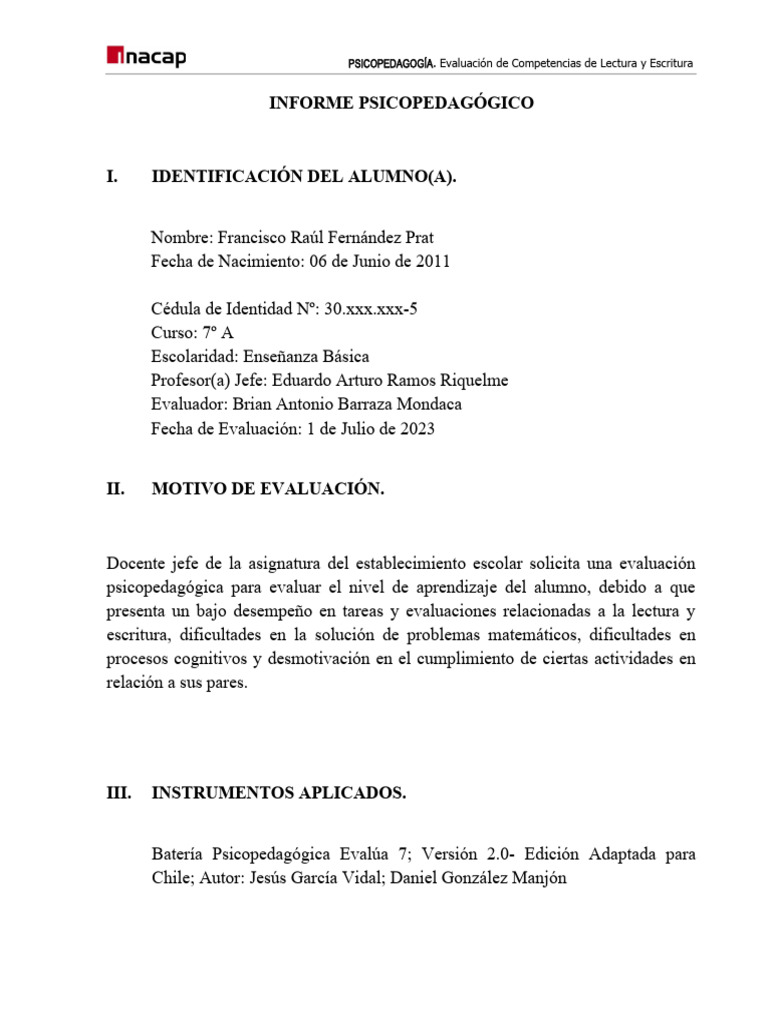 Informe Psicopedagógico Evalúa 7 | PDF | Comprensión lectora | Aprendizaje