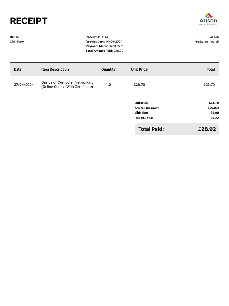 Alison - Receipt #0514 | PDF