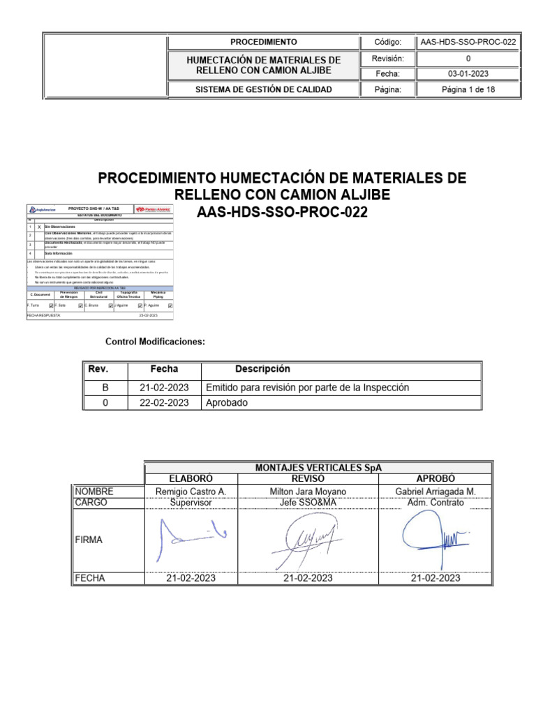 AAS-HDS-SSO-PROC-022 Procedimiento Humectacion Con Camion Aljibe REV-0 | PDF | Camión | Riego