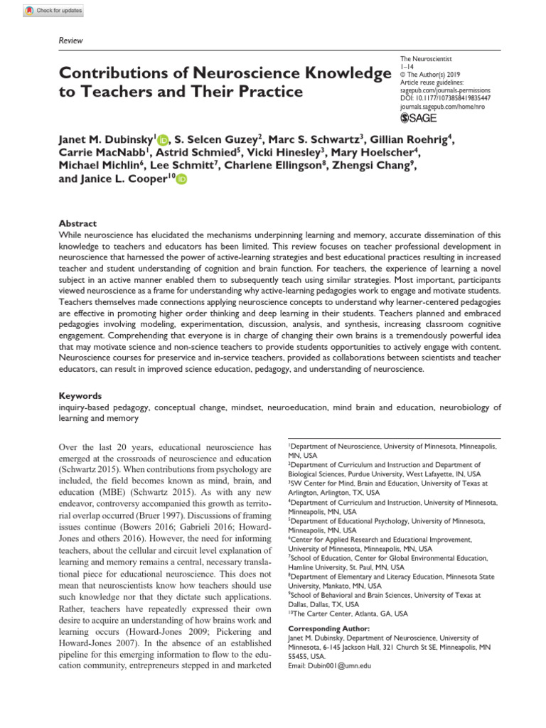 Contributions of Neuroscience Knowledge To Teachers and Their Practice ...