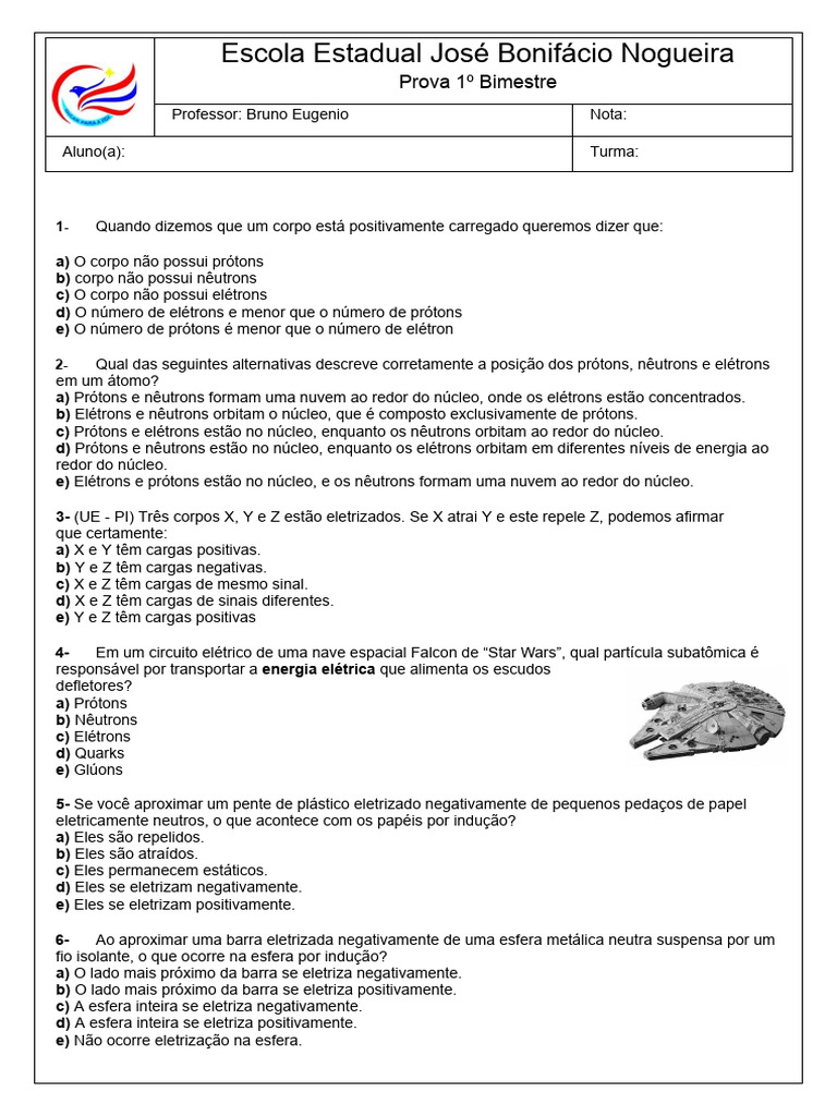 Prova 3º Ano e 3º Ano EJA Fisica 2024 | PDF | Próton | Elétron