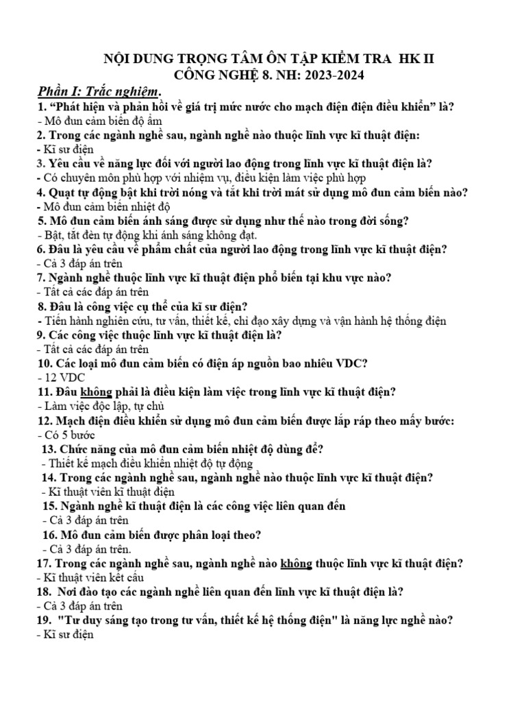 Trọng Tâm Nội Dung Ôn Tập Cuối HK Ii CN8 | PDF