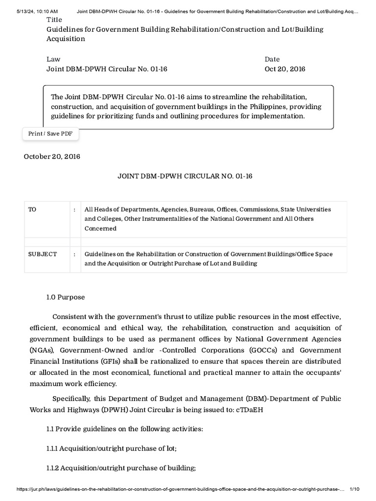 Joint DBM-DPWH Circular No. 01-16 - Guidelines For Government Building ...