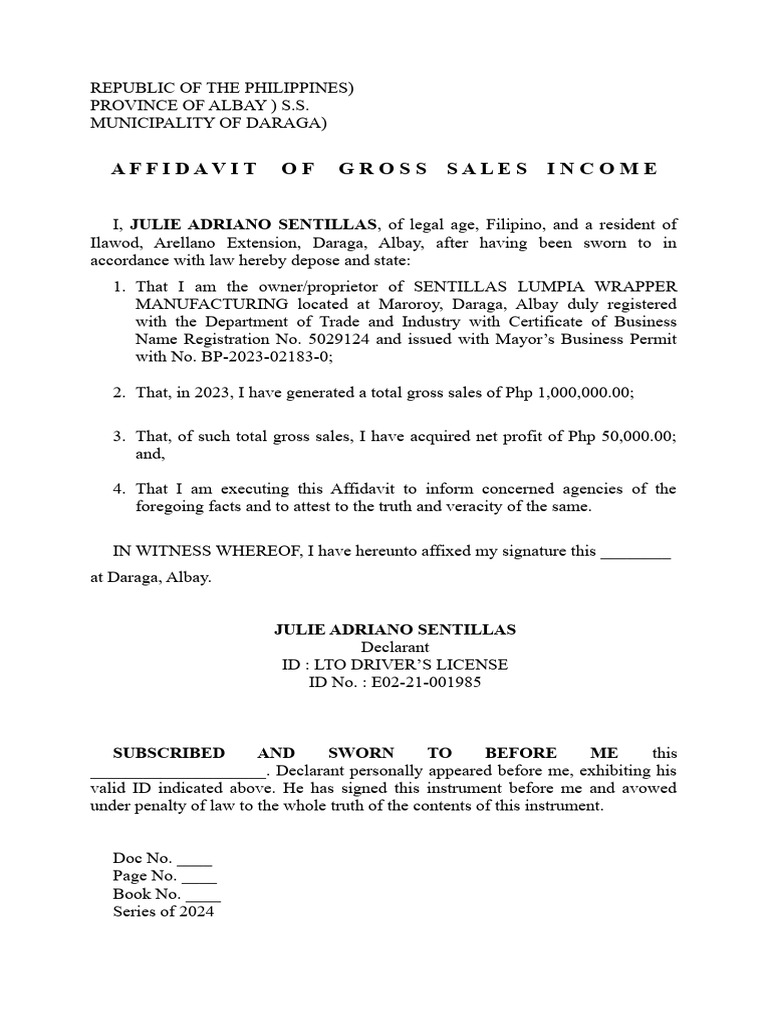 Affidavit of Gross Sales Income | PDF | Finance & Money Management ...