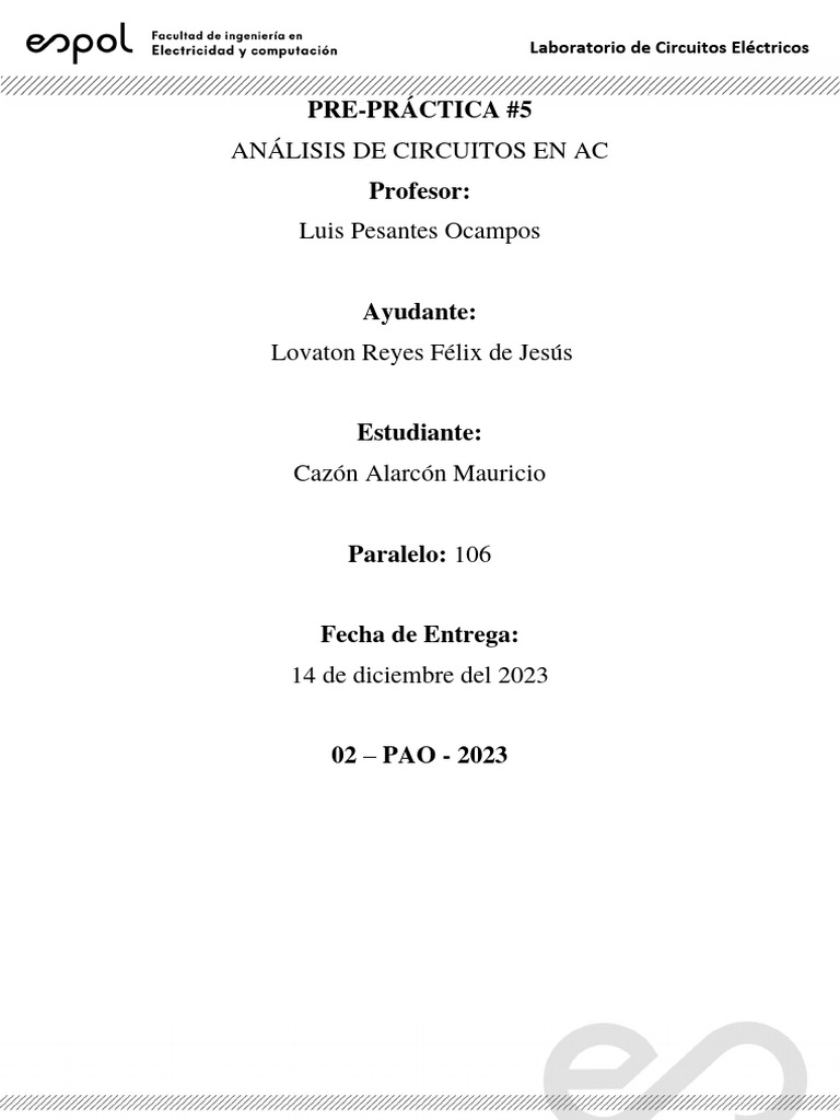 Mauricio Cazón Alarcón Pre-Practica 5 Circuitos Electricos v1 | PDF | Red eléctrica | voltaje
