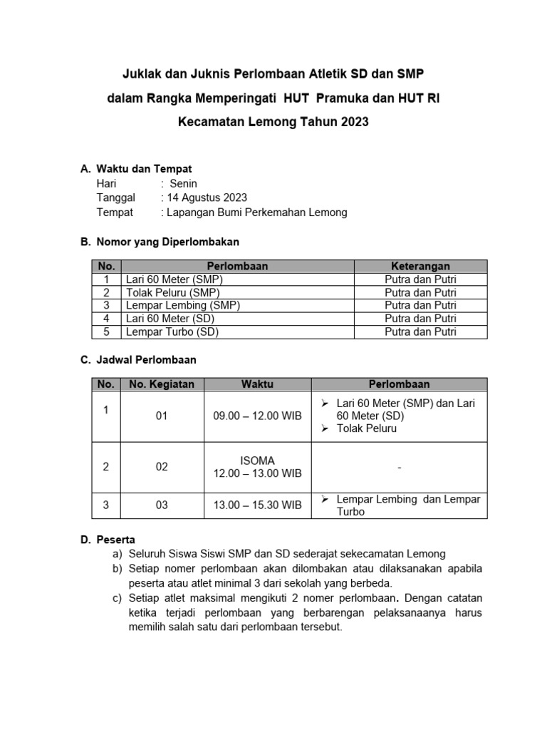 Juklak Dan Juknis Perlombaan Atletik SD Dan SMP | PDF