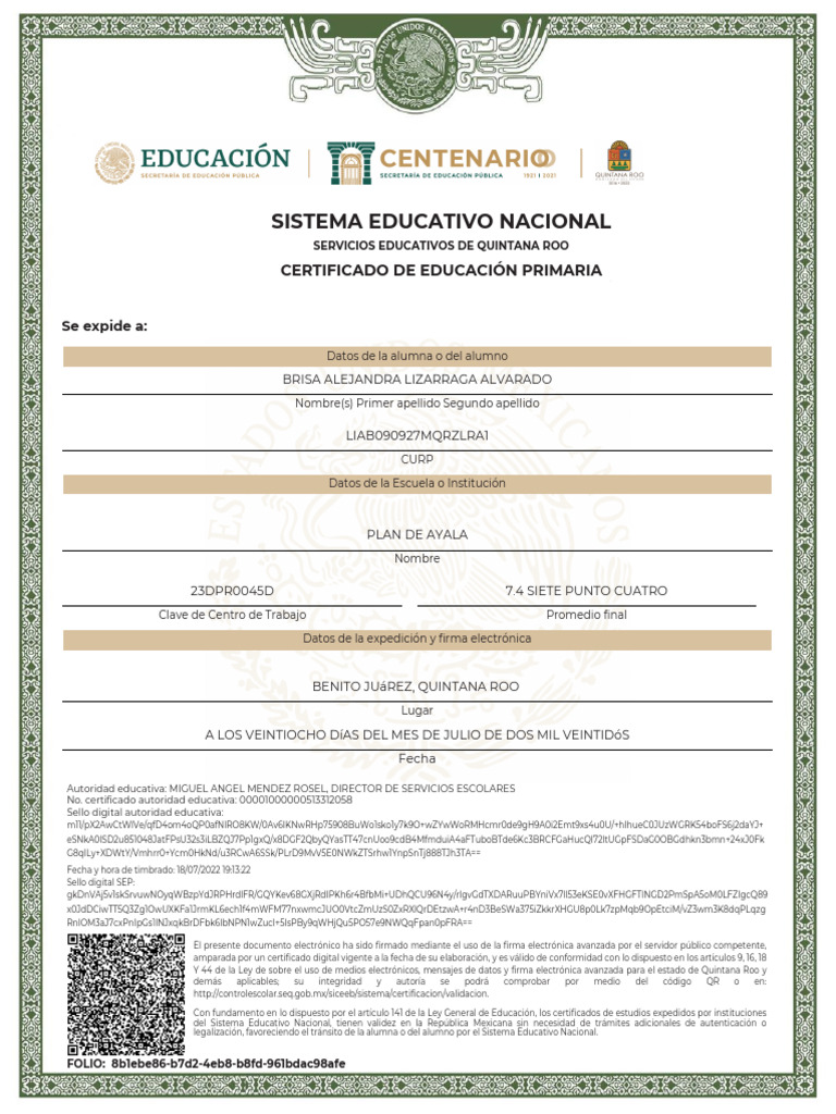 Sistema Educativo Nacional: Certificado de Educación Primaria | PDF