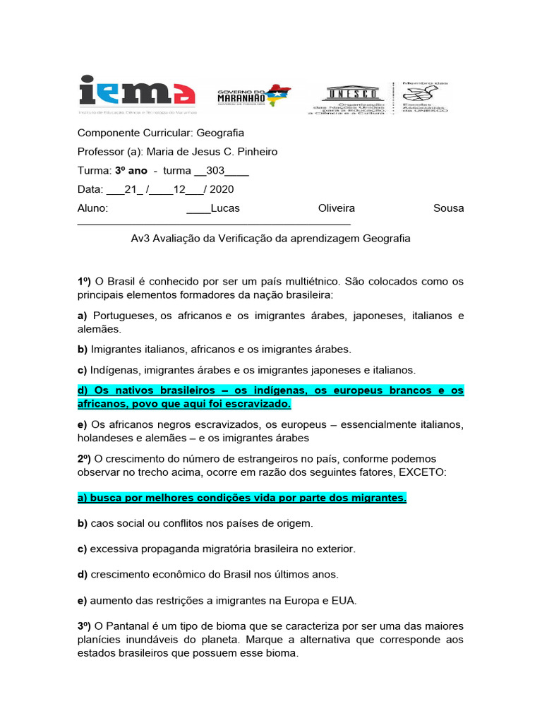 Iema - Av3-3º Ano - Geografia | PDF | América do Sul | Brasil