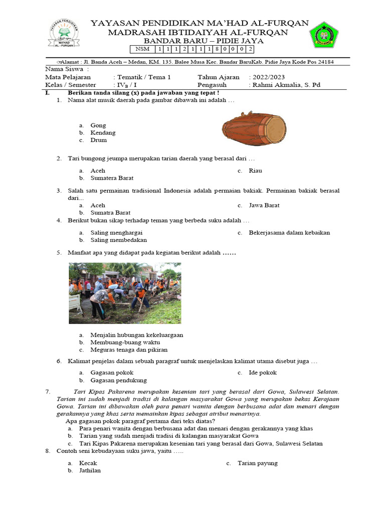 Soal Ujian Tema 1 - 2022-2023 | PDF