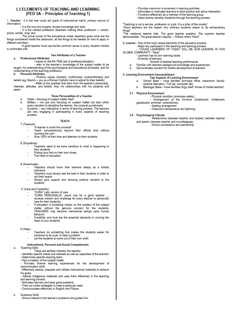 PED 5A - L3 Elements of Teaching and Learning | PDF | Learning | Teachers