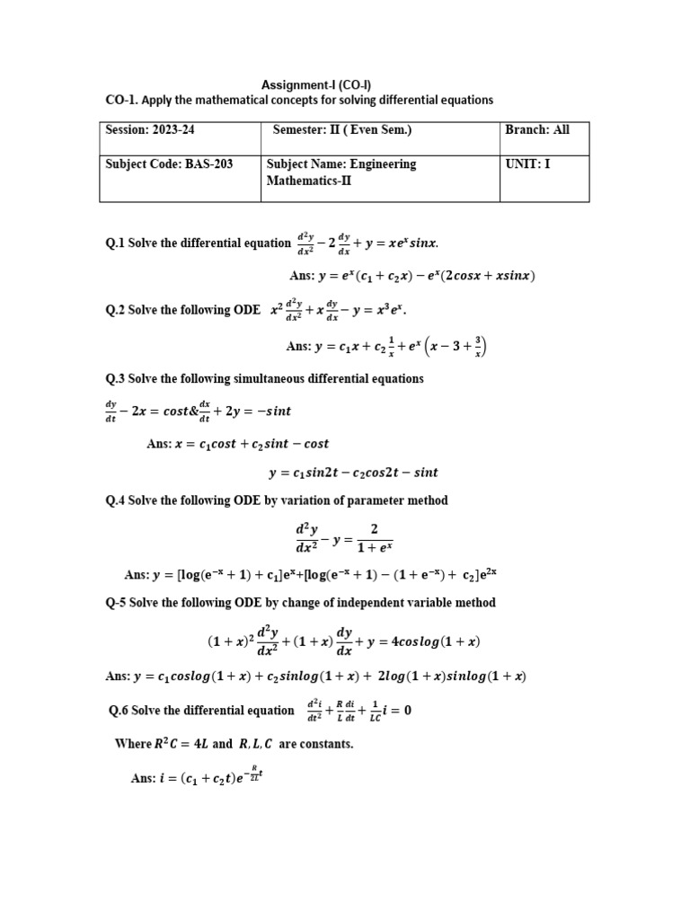 Assignment-1 BAS 203 | PDF | Ordinary Differential Equation | Equations