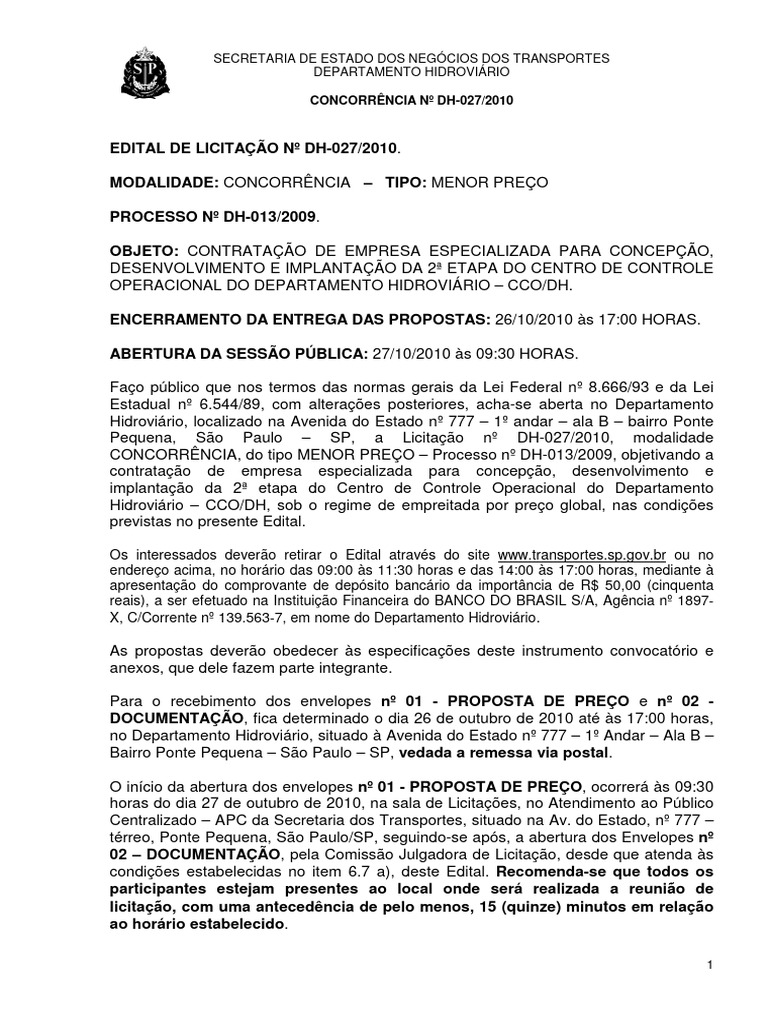 DHSP - Centro de Controle Operacional - Edital e TR | PDF | Consórcio ...