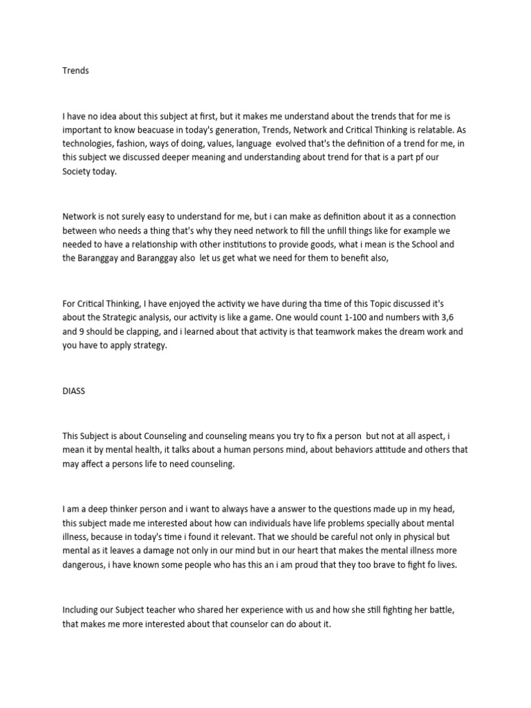 Trends and Diass Reflection | PDF | Critical Thinking | Thought