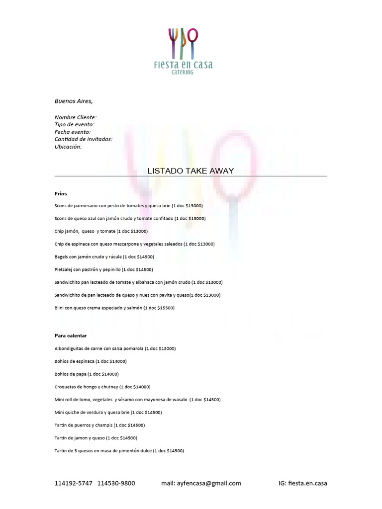 Lista de Precios Take Away | PDF | Alimentos | Cocina