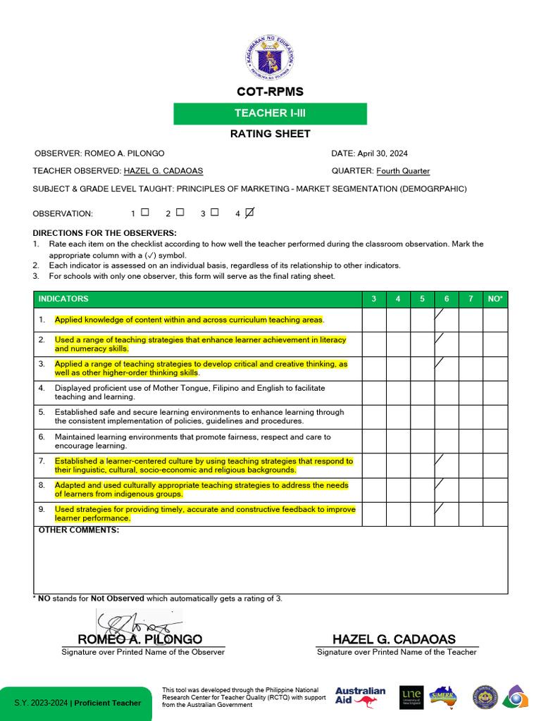 Cot Rpms Rating Sheet For T I III For Sy 2023 2024 Word Version | PDF ...