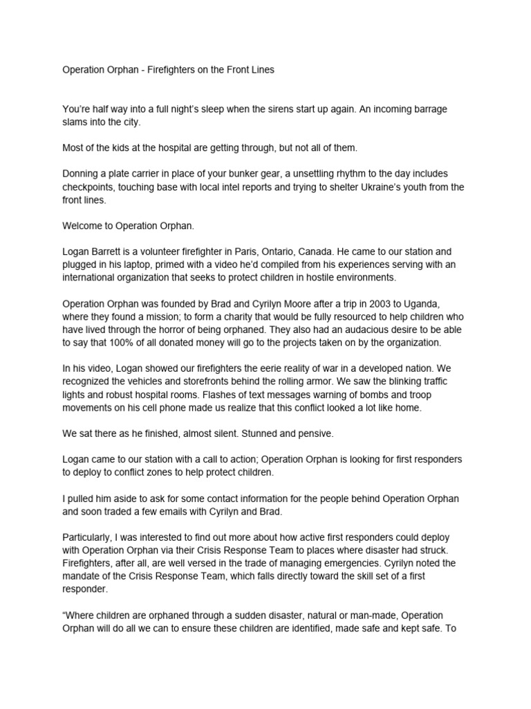 Operation Orphan - Firefighters on the Front Lines | PDF | Emergency ...