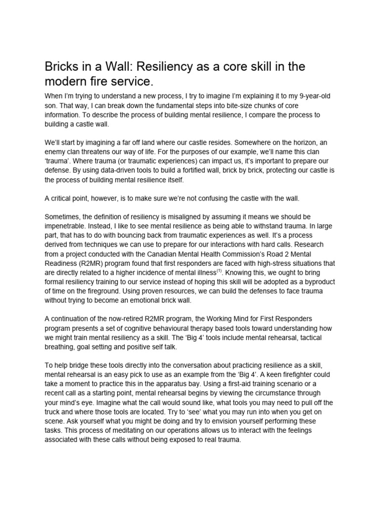 Bricks in A Wall Resiliency As A Core Skill in The Modern Fire Service. | PDF | Psychological ...
