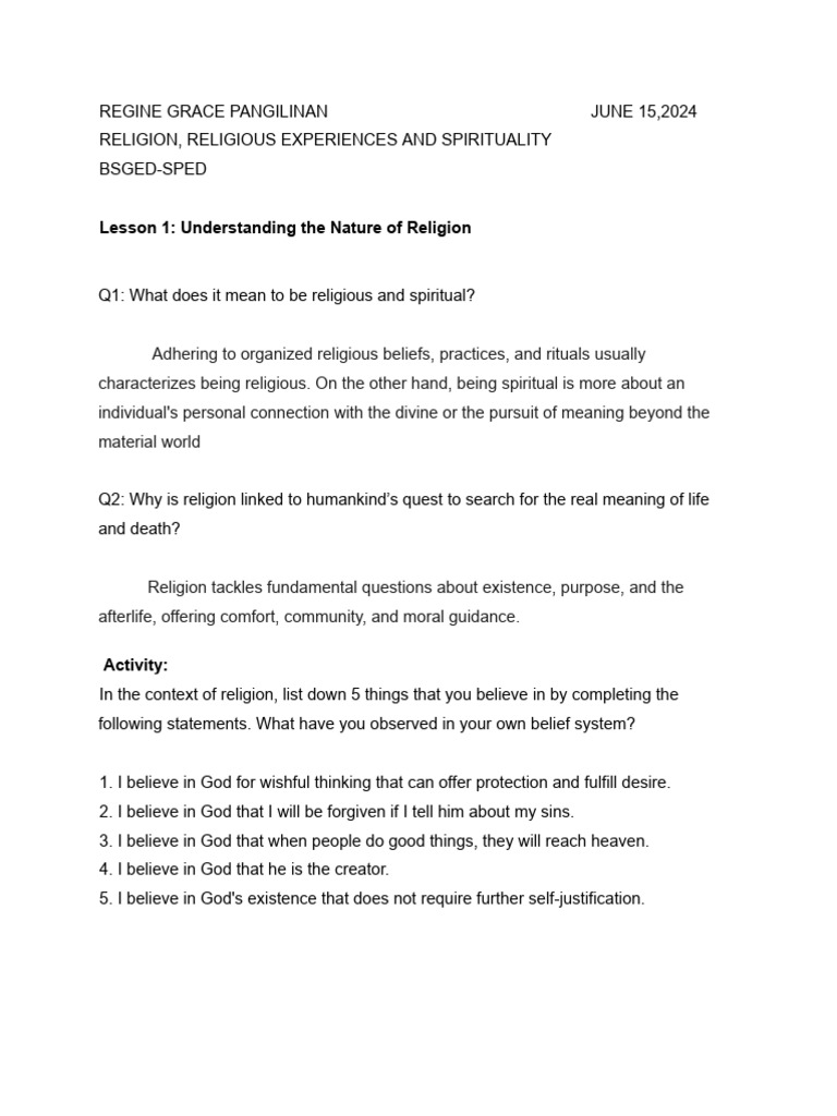 Religion Assignment-Regine Grace Pangilinan | PDF | God | Spirituality
