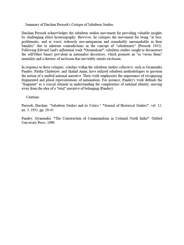 Perusek's Critique of Subaltern Studies | PDF