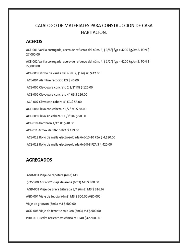 CATALOGO DE MATERIALES PARA CONSTRUCCION DE CASA HABITACION | PDF ...