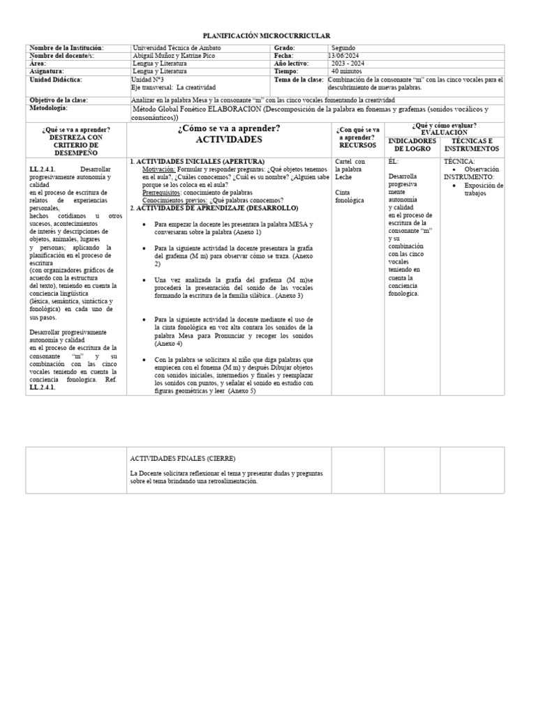 Plan de Clase Lectoescritura | PDF | Palabra | Fonología