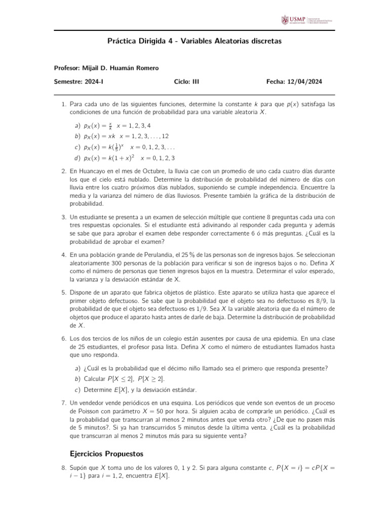 Practica Dirigida 4 Estadística Inferencial | PDF | Probabilidad | Desviación Estándar