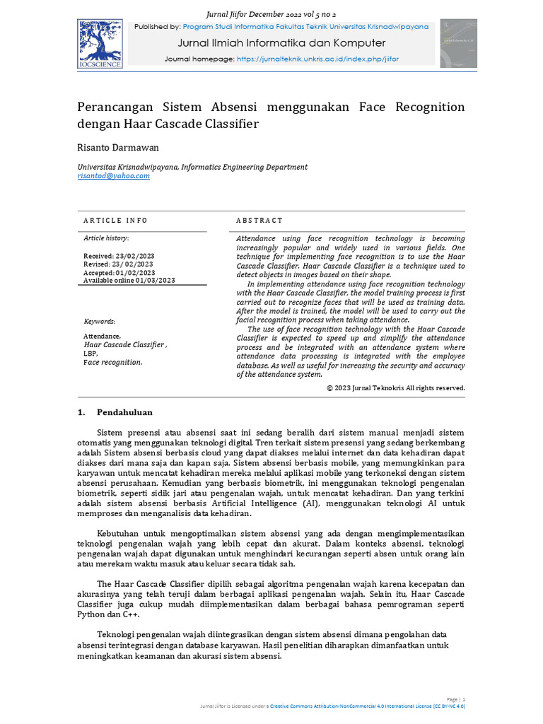 Perancangan Sistem Absensi Face Recognation Dengan Haar Cascade Classifier | PDF | Komputer