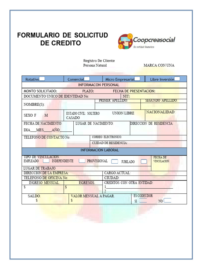 Formulario de Solicitud de Crédito | PDF | Bancos | Industrias de servicio