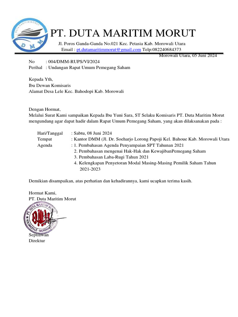 Surat Undangan RUPS | PDF | Pengelolaan Keuangan & Uang