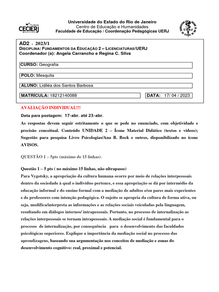Ad2 Fundamentos Ii Lidilea Barbosa | PDF | Aprendizado | Conhecimento