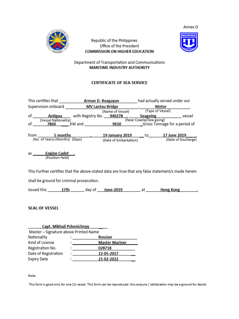 Sea Service Certificate Sample | PDF