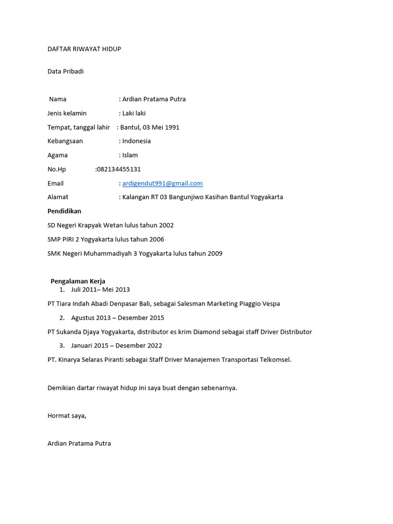 CV Ardian | PDF | Gaya Hidup