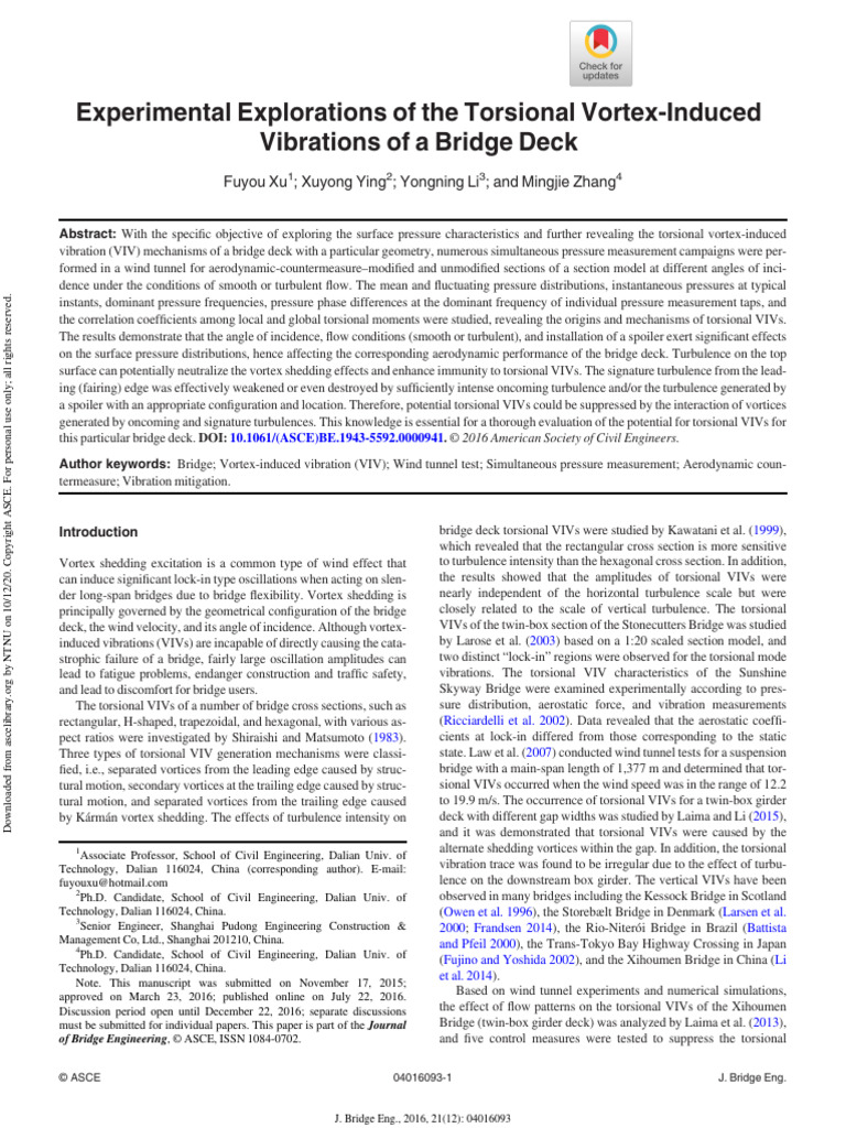 2016 Experimental Explorations of The Torsional Vortex-Induced Vibrations of A Bridge Deck | PDF ...