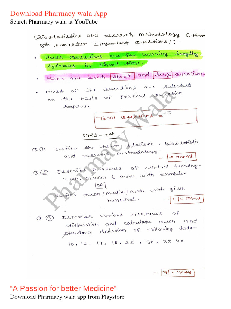 Biostatistics and Research Methodology Important Questions 8th ...