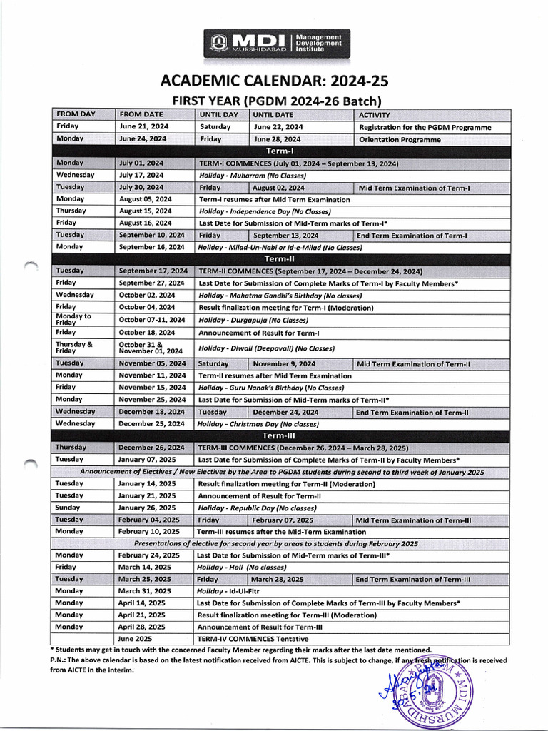 Academic Calendar - First Year - PGDM 2024-26 | PDF | Observances | Holidays