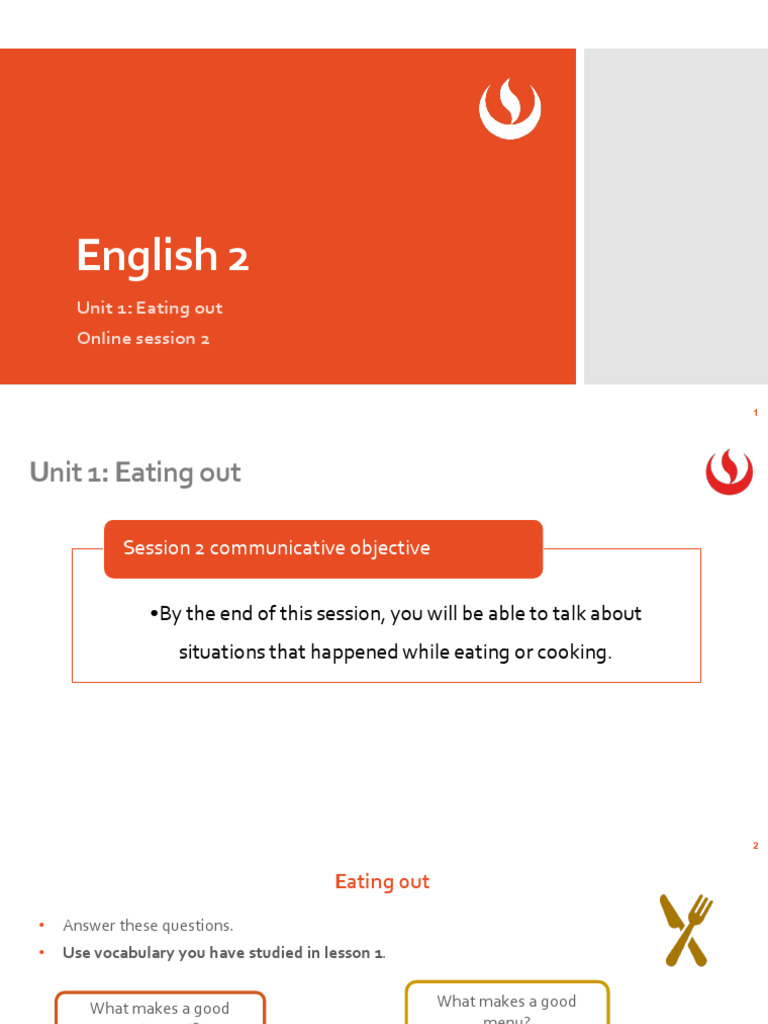 English 2: Unit 1: Eating Out Online Session 2 | PDF
