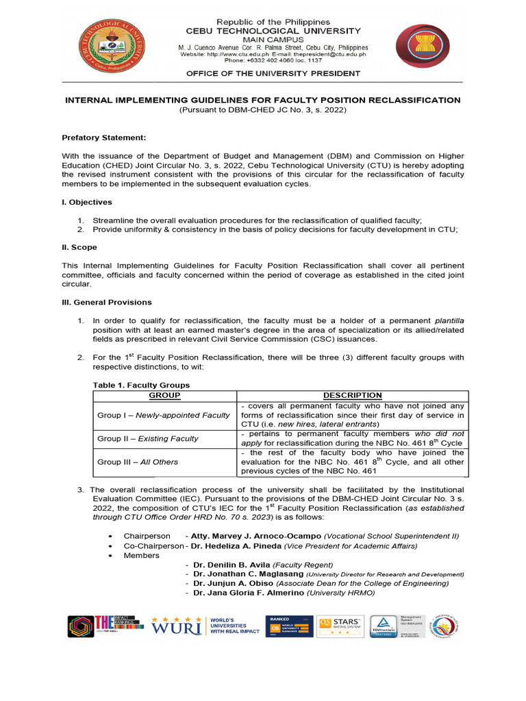 CTU Faculty Reclassification Guidelines | PDF