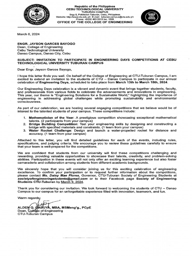 Invitation Letter Ctu Danao | PDF