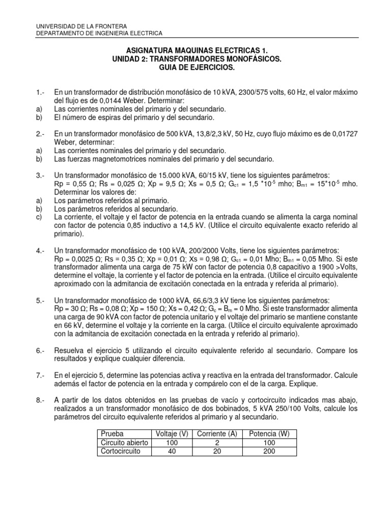 00 Unidad 2 Trafos monofasicos guia de ejercicios | Descargar gratis PDF | Transformador | Red ...
