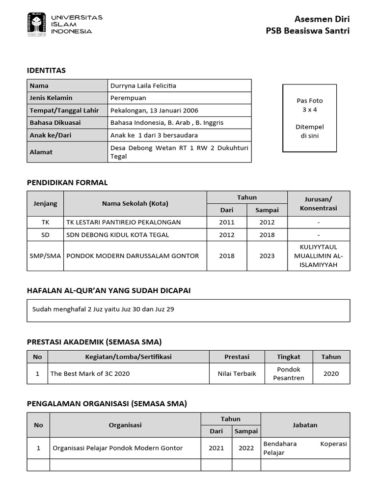 Form Asesmen Diri PSB Beasiswa Santri | PDF | Kesehatan Holistik