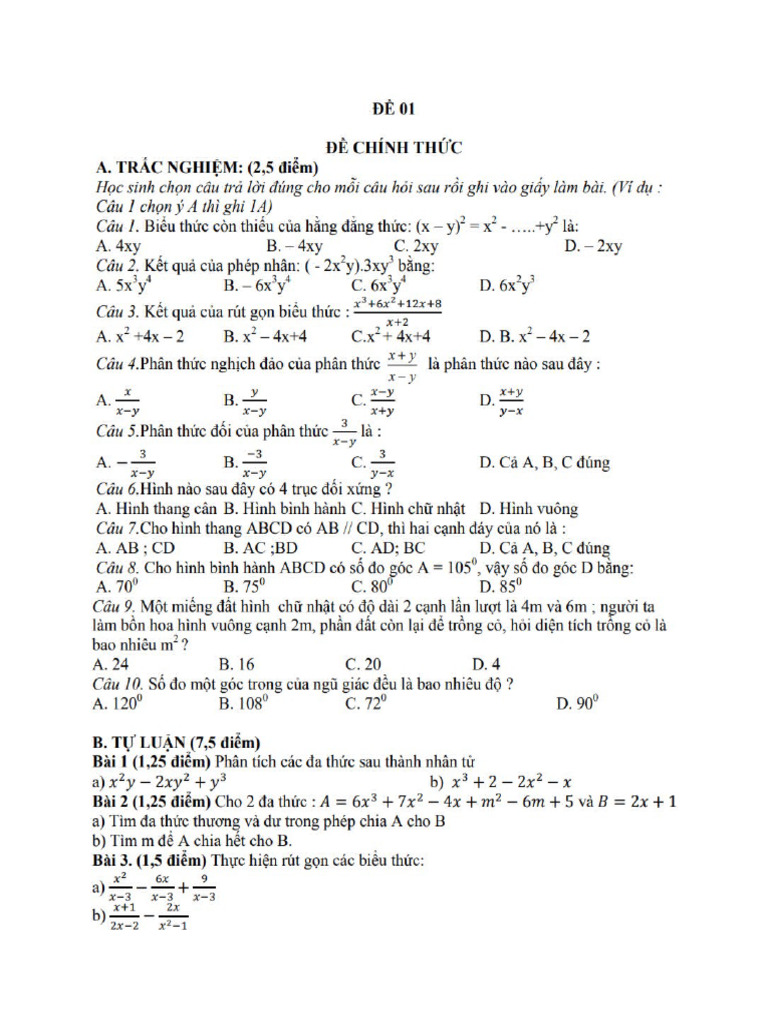 15 Đề Kiểm Tra HK 1 Toán 8 | PDF