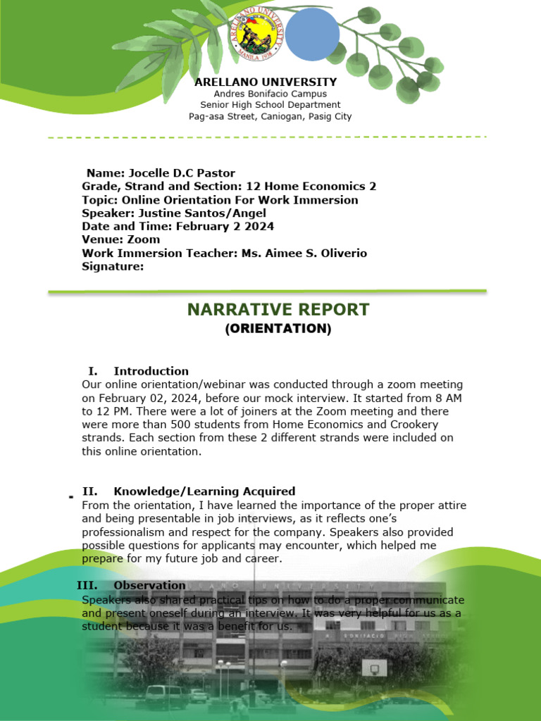 HE-Cookery_ORIENTATIONNarrativeReport-2024 | Download Free PDF | Learning | Human Communication