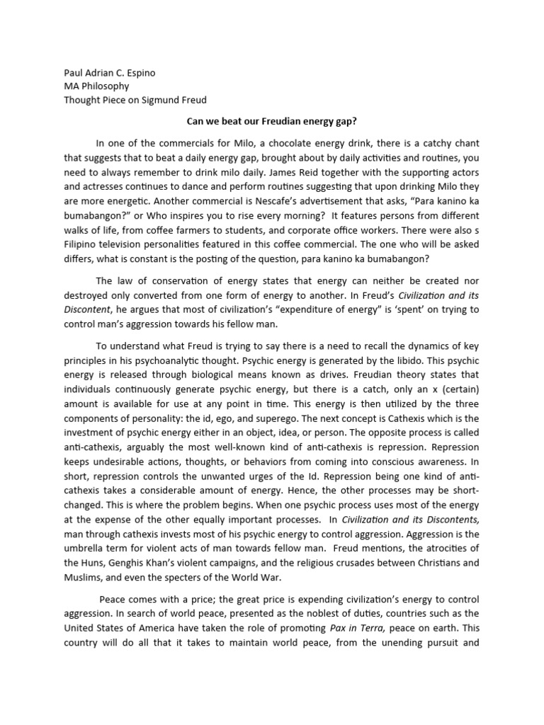 Thought Piece On Sigmund Freud | PDF | Id | Sigmund Freud