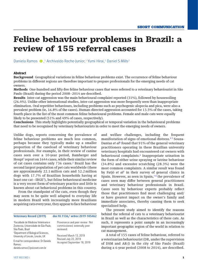 Veterinary Record - 2020 - Ramos - Feline Behaviour Problems in Brazil ...