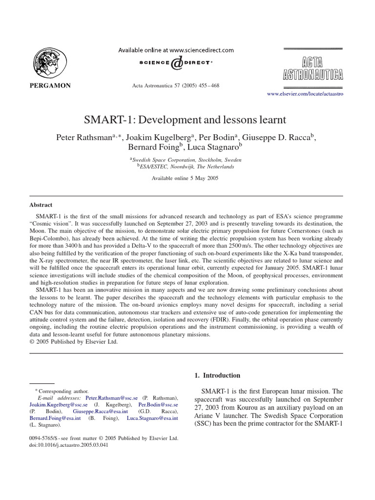 SMART-1 Development and Lessons Learnt | PDF | Spacecraft Propulsion | Moon