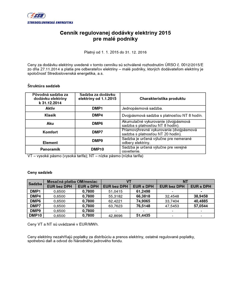 Cena 2015 SSE Elektrina Firmy MalyPodnik Cennik Od 01012015 | PDF