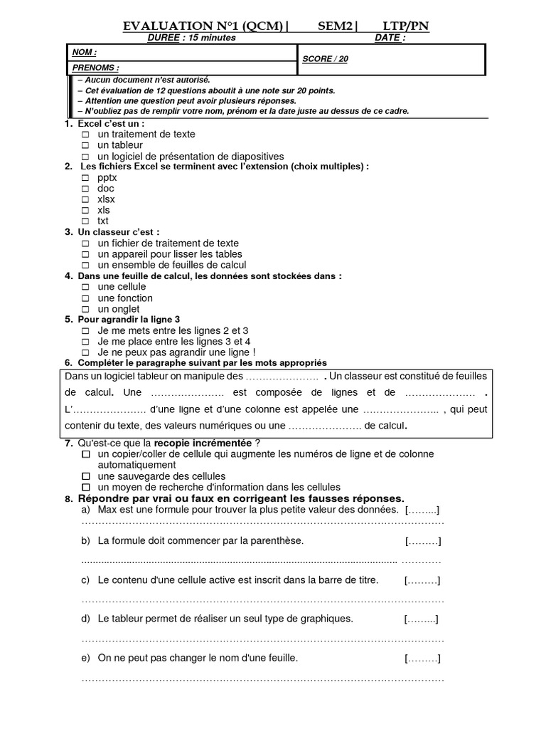 QCM Et Base Excel | PDF | Microsoft Excel | Feuille de calcul